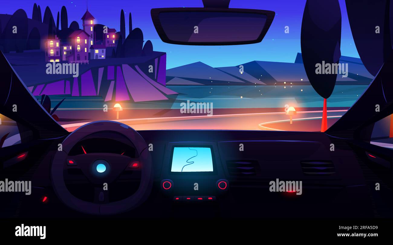 Night coast car ride to village island landscape. Sea view vector ...
