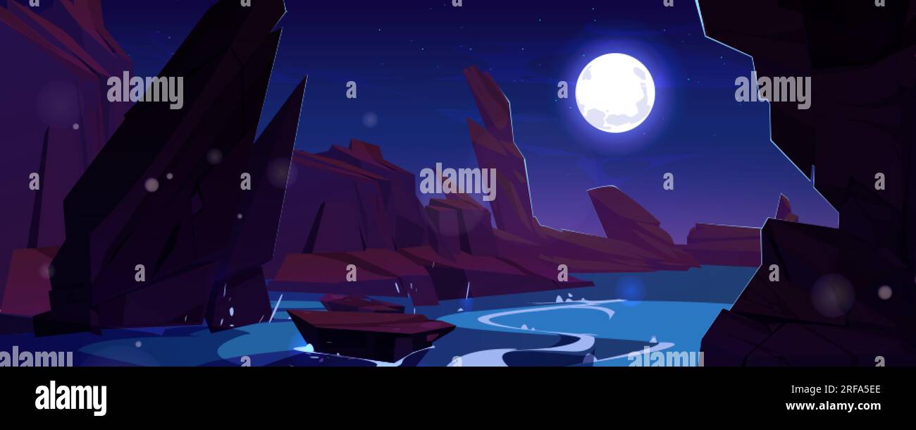 Rocky mountain night landscape with blue river flow. Vector cartoon ...