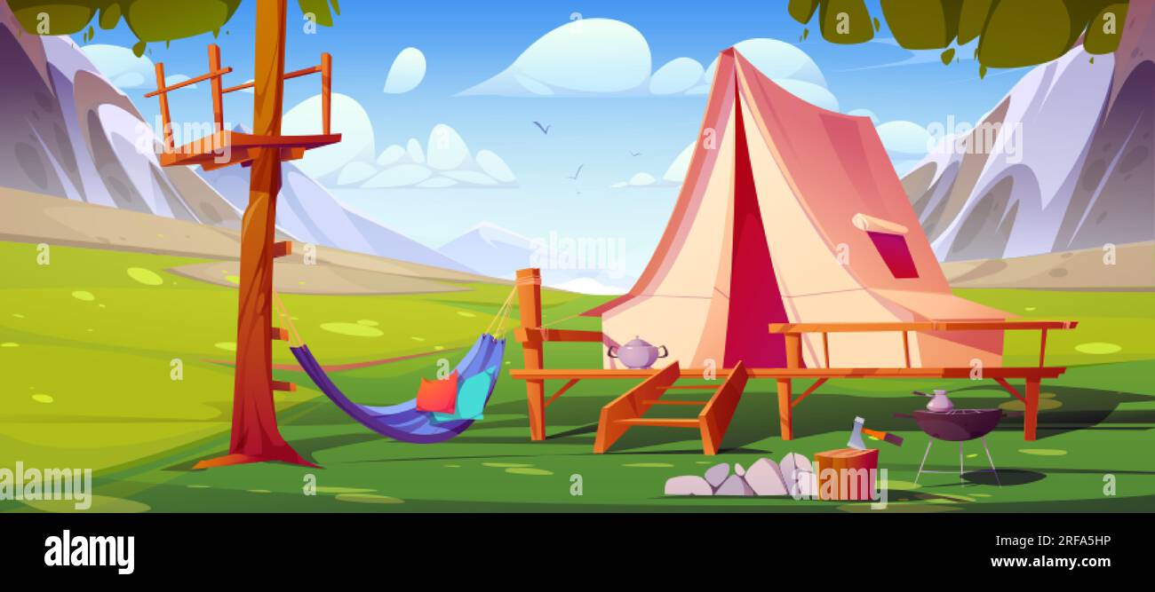 Camp tent and hammock, mountain valley landscape adventure cartoon ...
