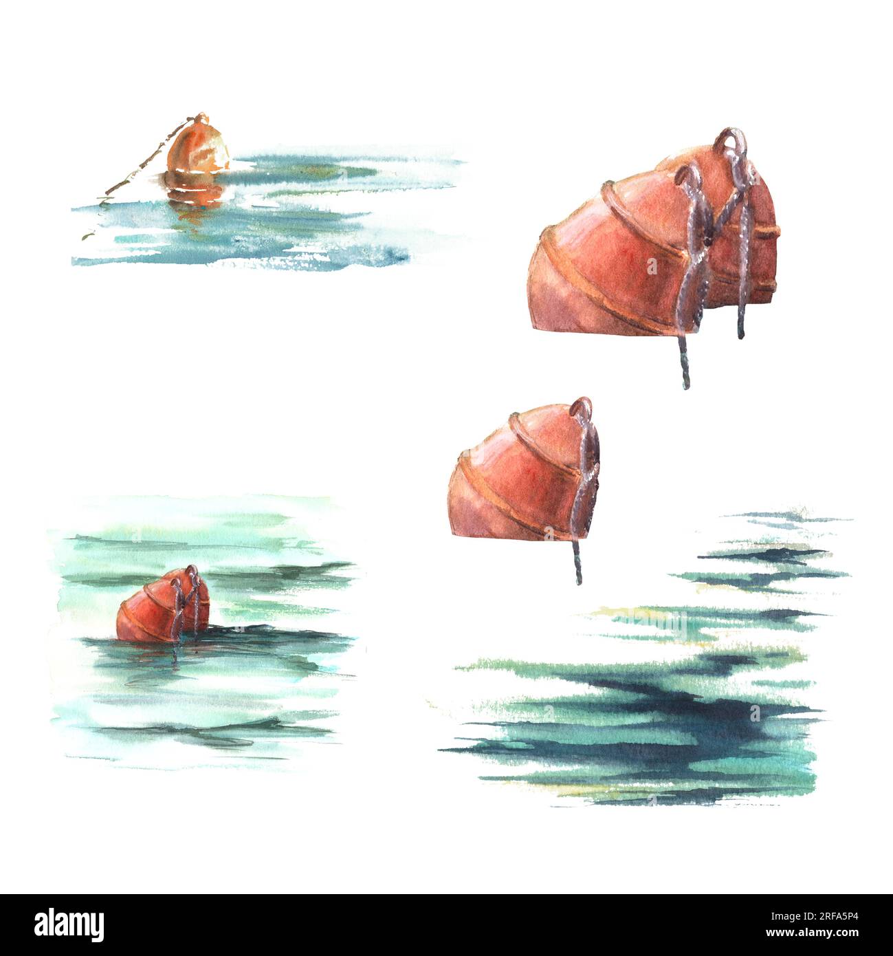 Watercolor maritime set Red buoys at sea, waves and splashes Hand painted illustration isolated ...