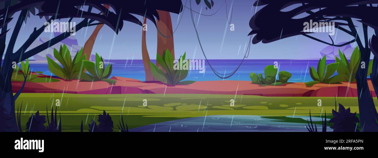 Tropical island coastline with lianas on exotic trees. Vector cartoon ...