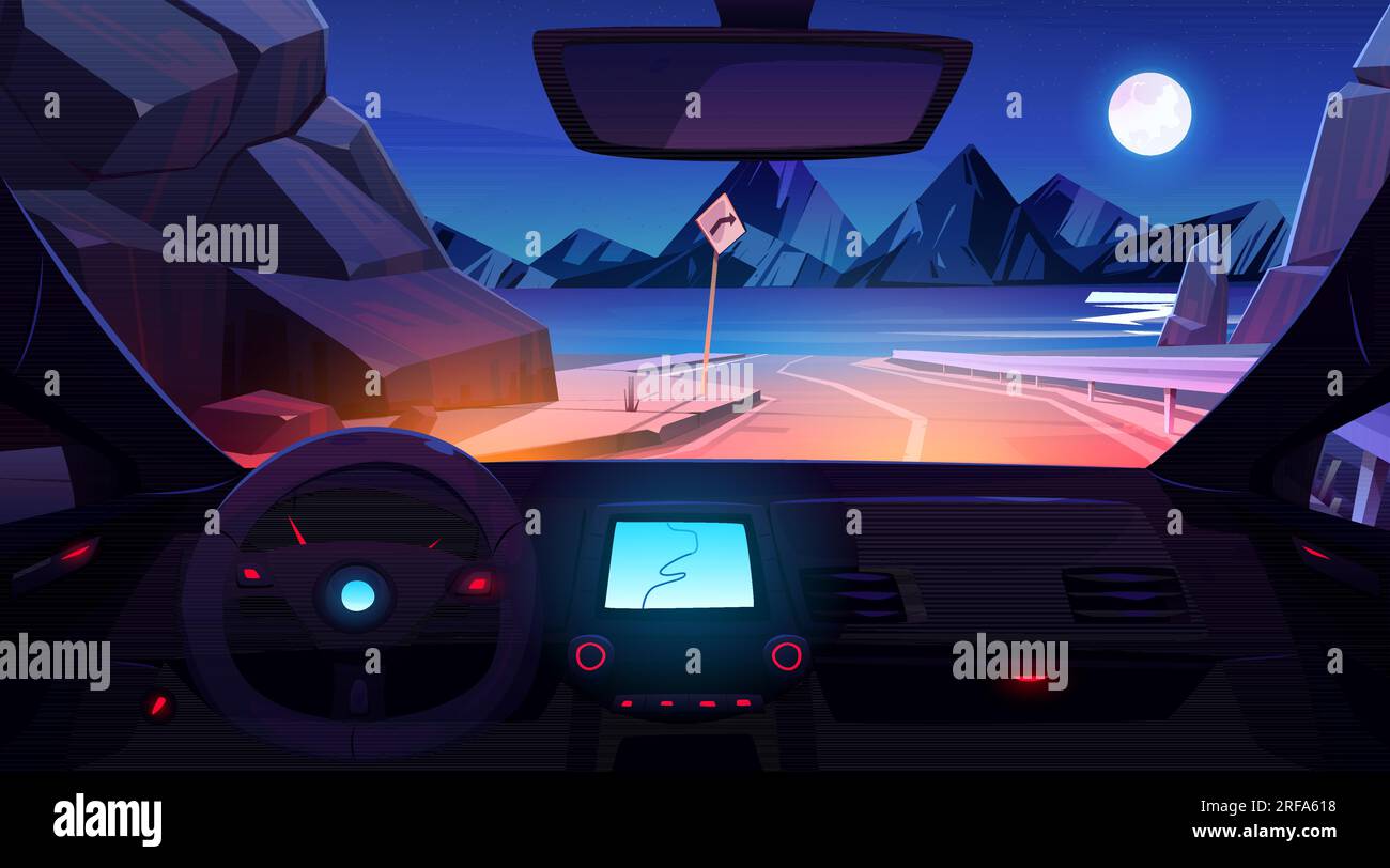 Inside view of car driving on road. Vehicle interior with dashboard ...