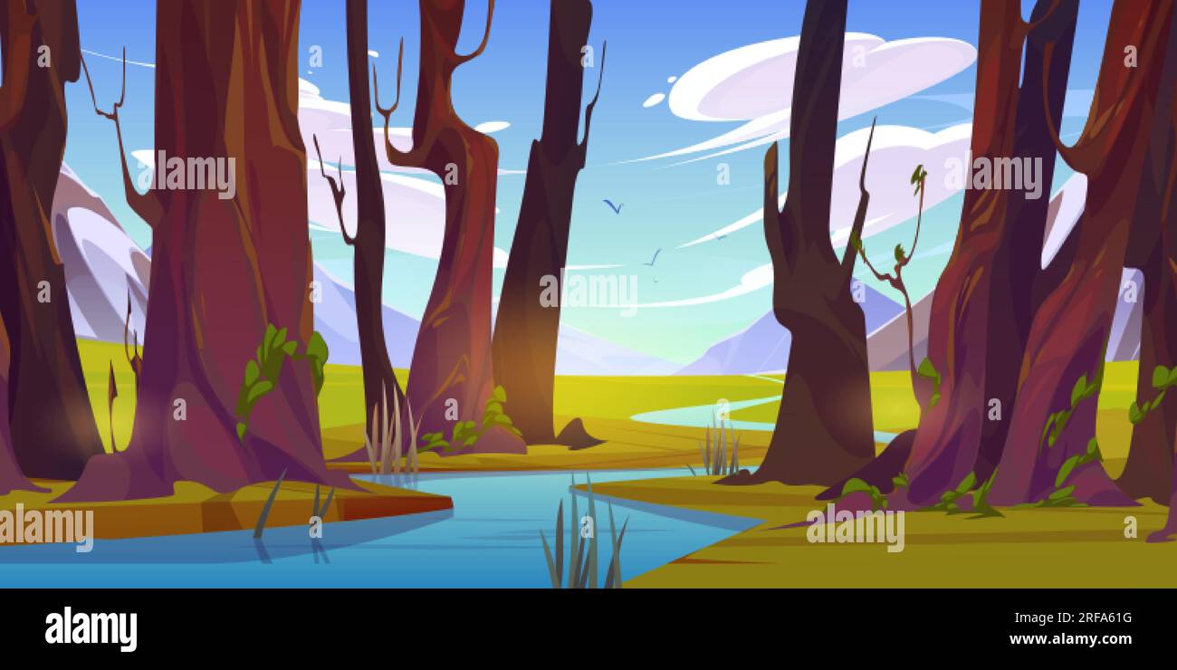 River in summer forest and mountain nature vector cartoon landscape ...