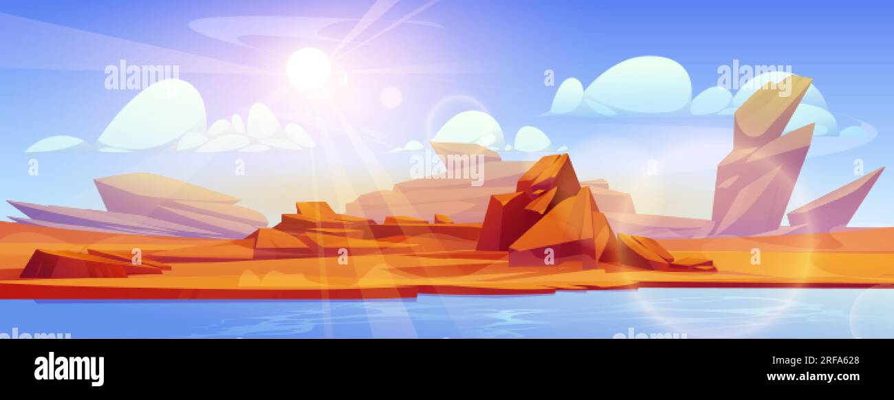 River flowing through Sahara desert. Vector cartoon illustration of hot ...