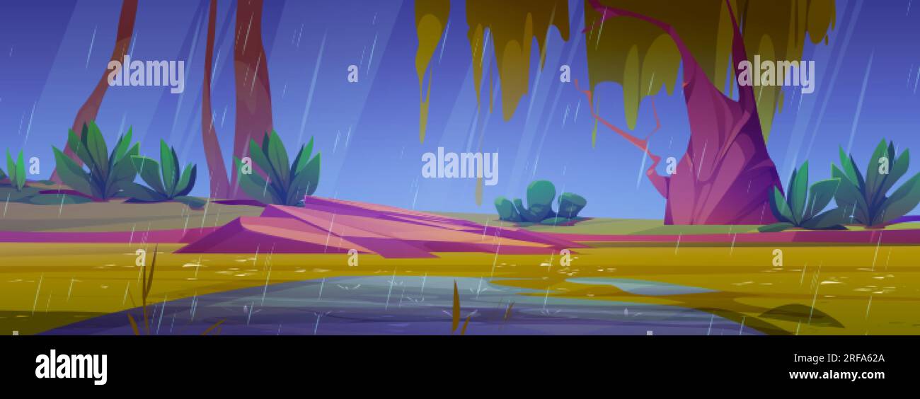 Rain in forest pond cartoon vector park landscape illustration. Cartoon ...