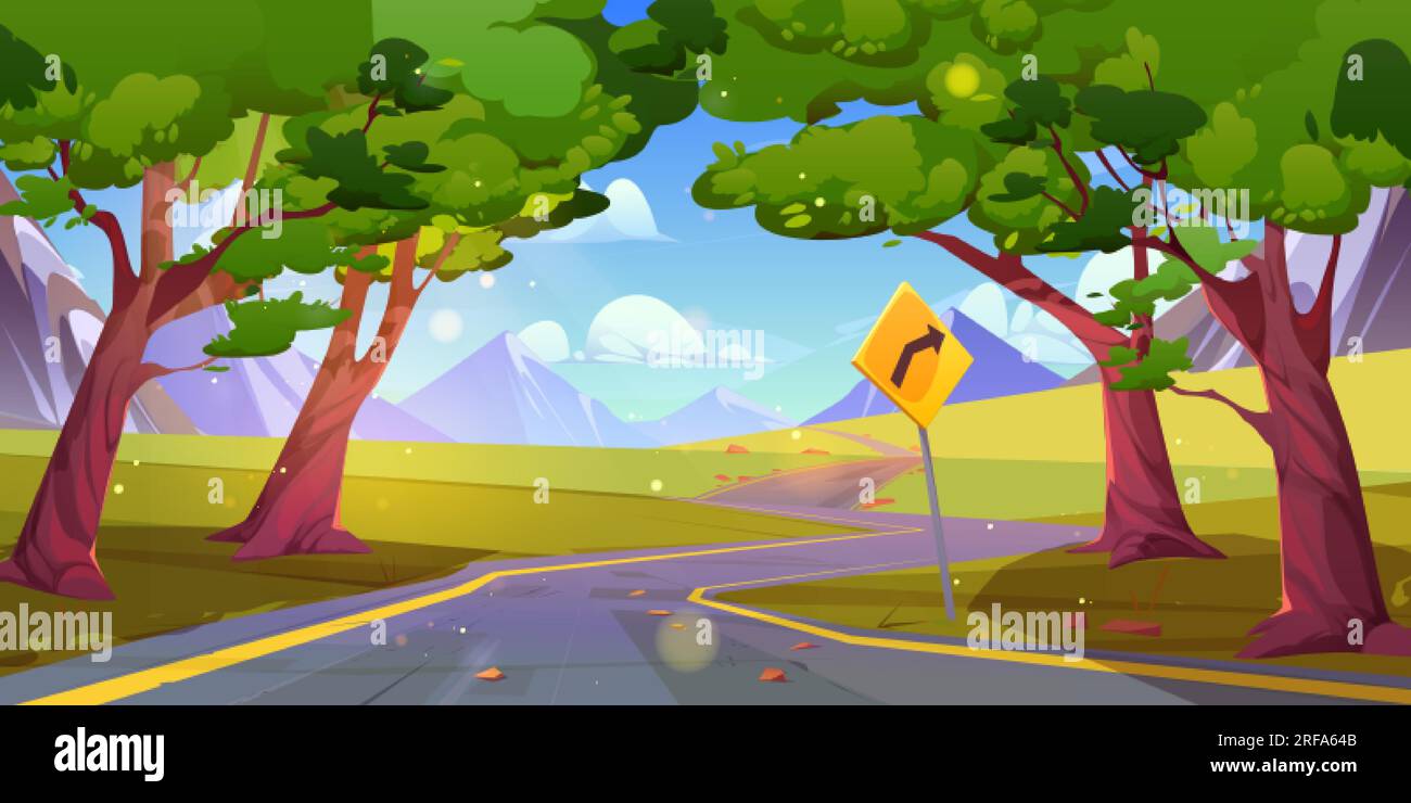 Mountain road pathway in forest vector landscape. Outdoor curve and ...