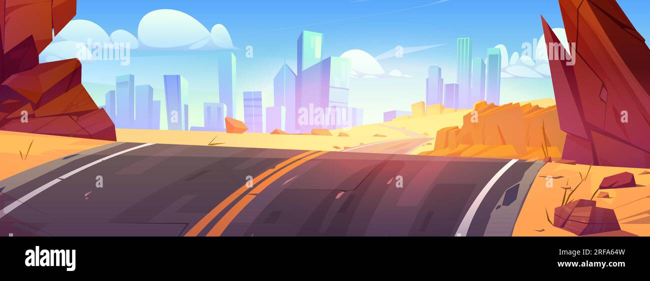 Empty desert road to city building futuristic vector background. Urban ...