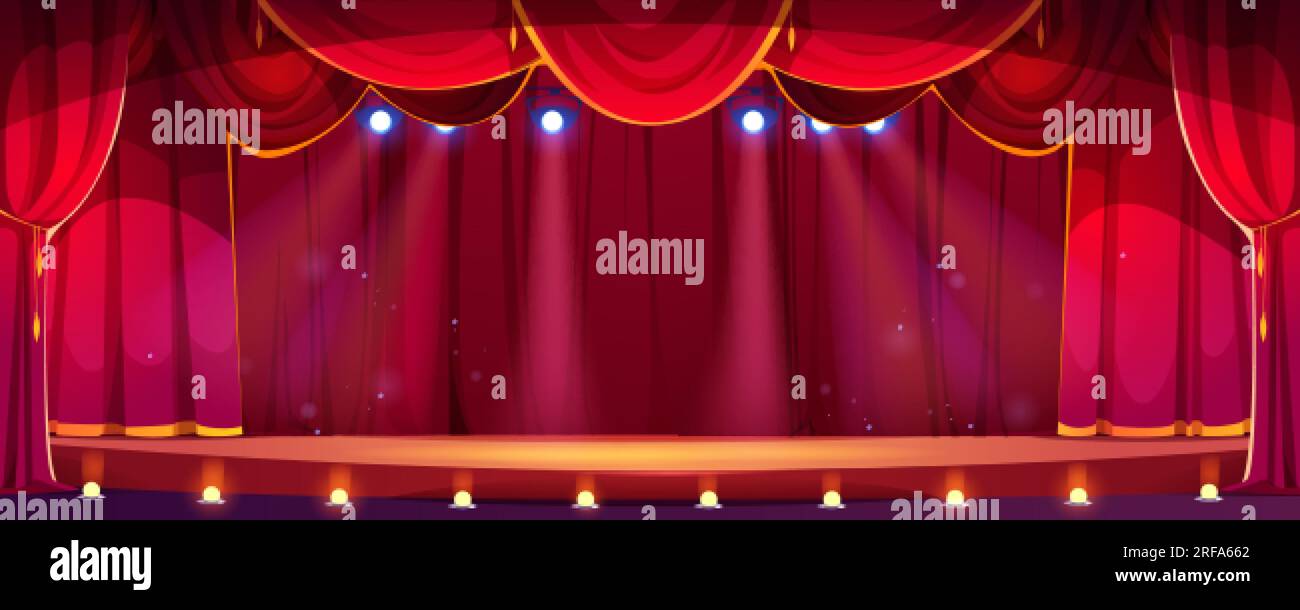 Cartoon theater concert stage with red curtain and spotlight vector ...