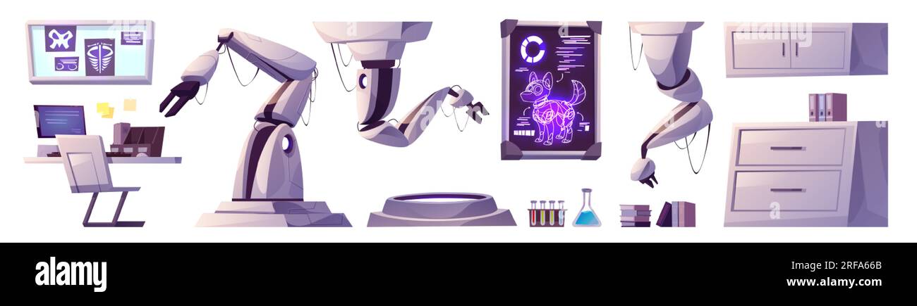 Laboratory robot and furniture cartoon vector set. Science research in ...