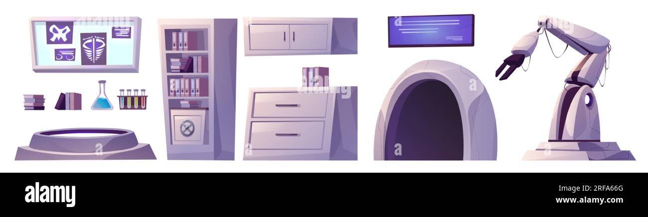 Cartoon set of modern medical laboratory equipment isolated on white ...