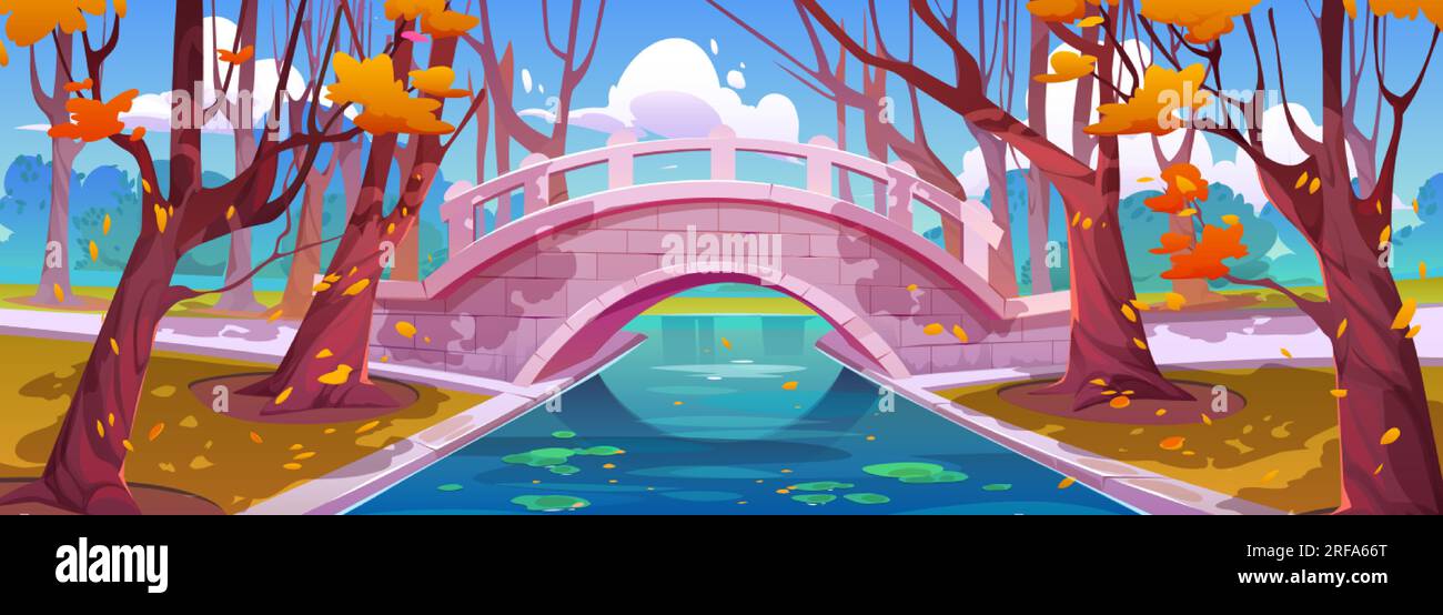 Bridge in autumn park with river cartoon landscape illustration. Water ...