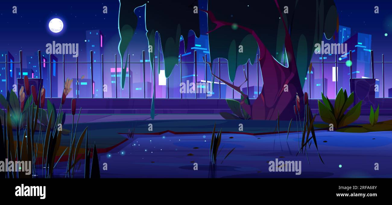 Swamp in night city park with reed and grass cartoon vector. Water pond ...