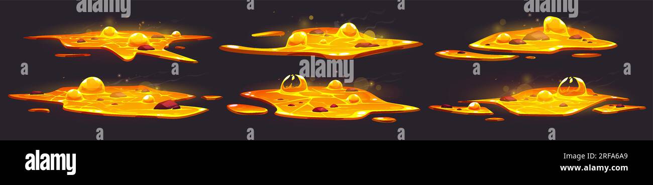 2d magic liquid volcano lava puddle cartoon vector set. Isolated orange ...