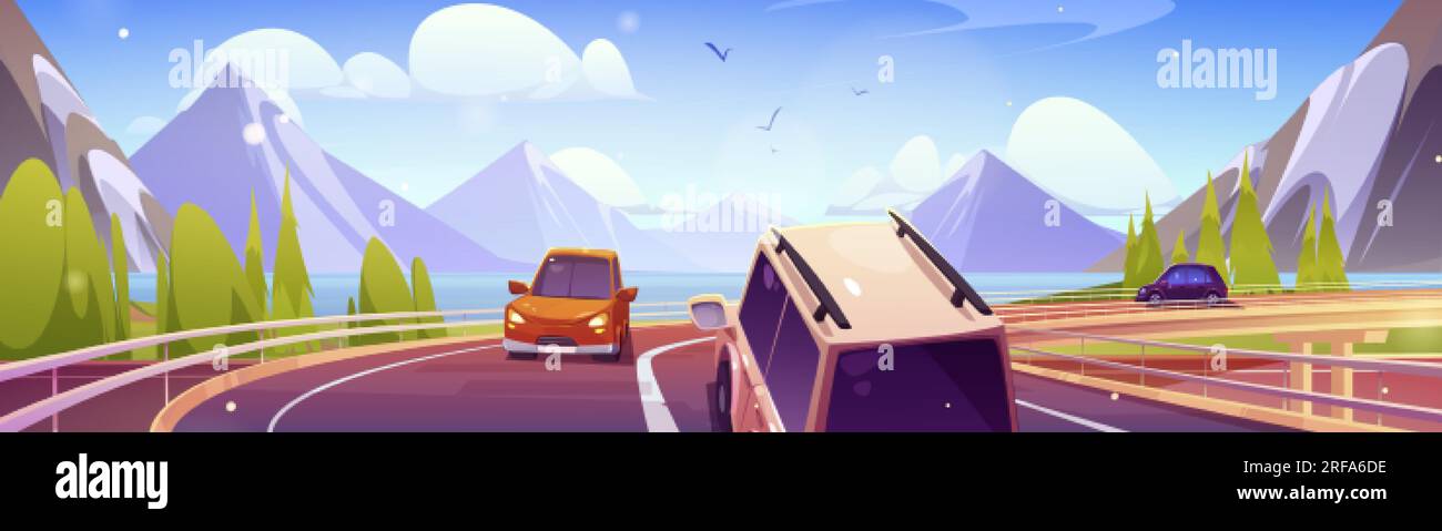 Car road trip to mountain vector cartoon landscape. Summer travel ...