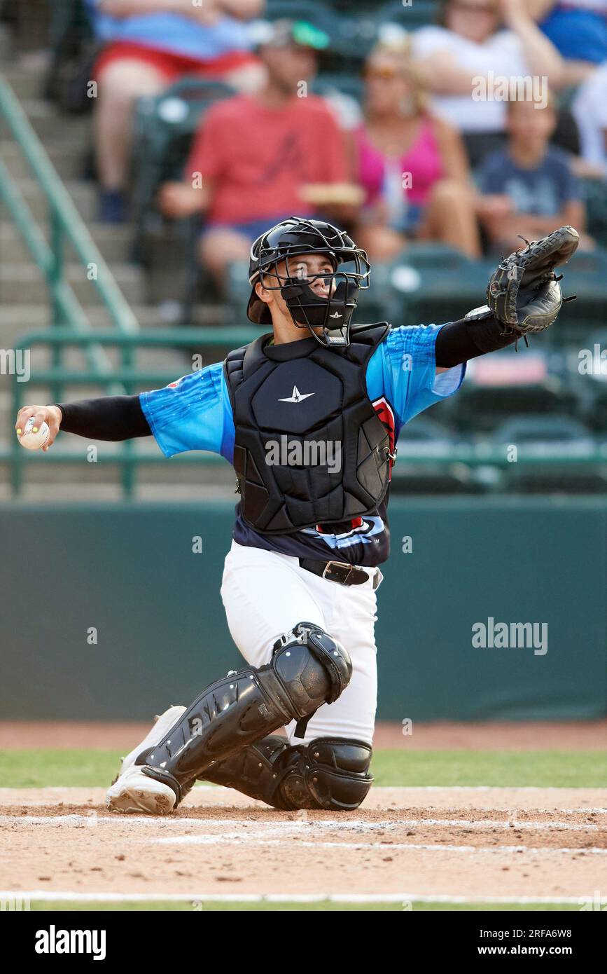 Hickory Crawdads catcher Cody Freeman (1) throws during a South ...
