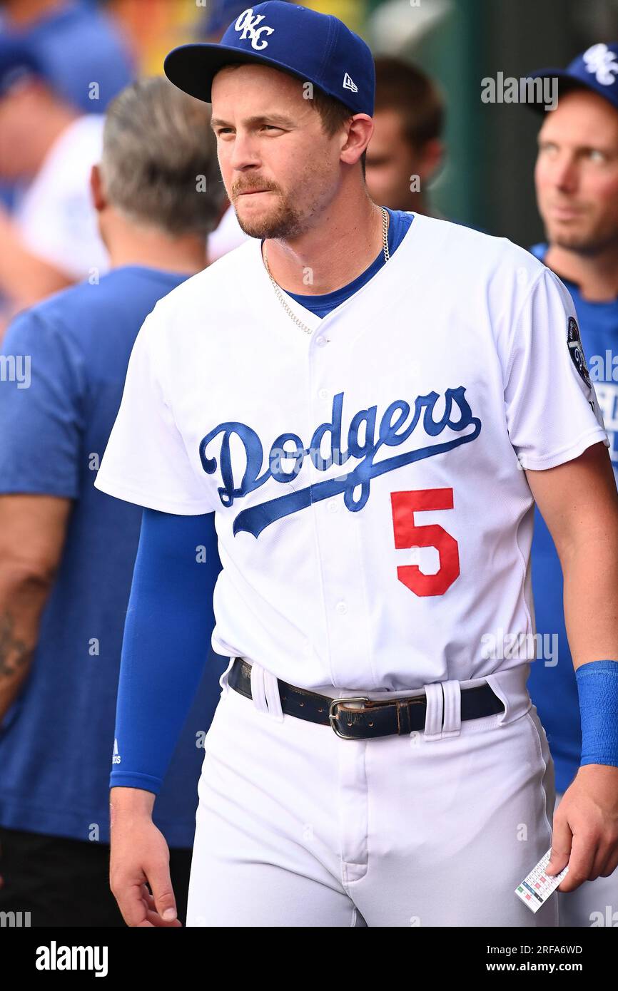 Devin Mann (5) of the Oklahoma City Dodgers in the dugout prior to the ...
