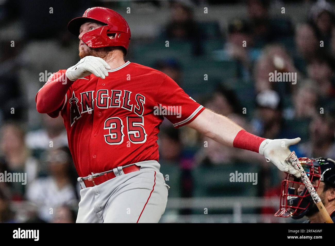 Los Angeles Angels' Chad Wallach watches his home run in the fifth ...