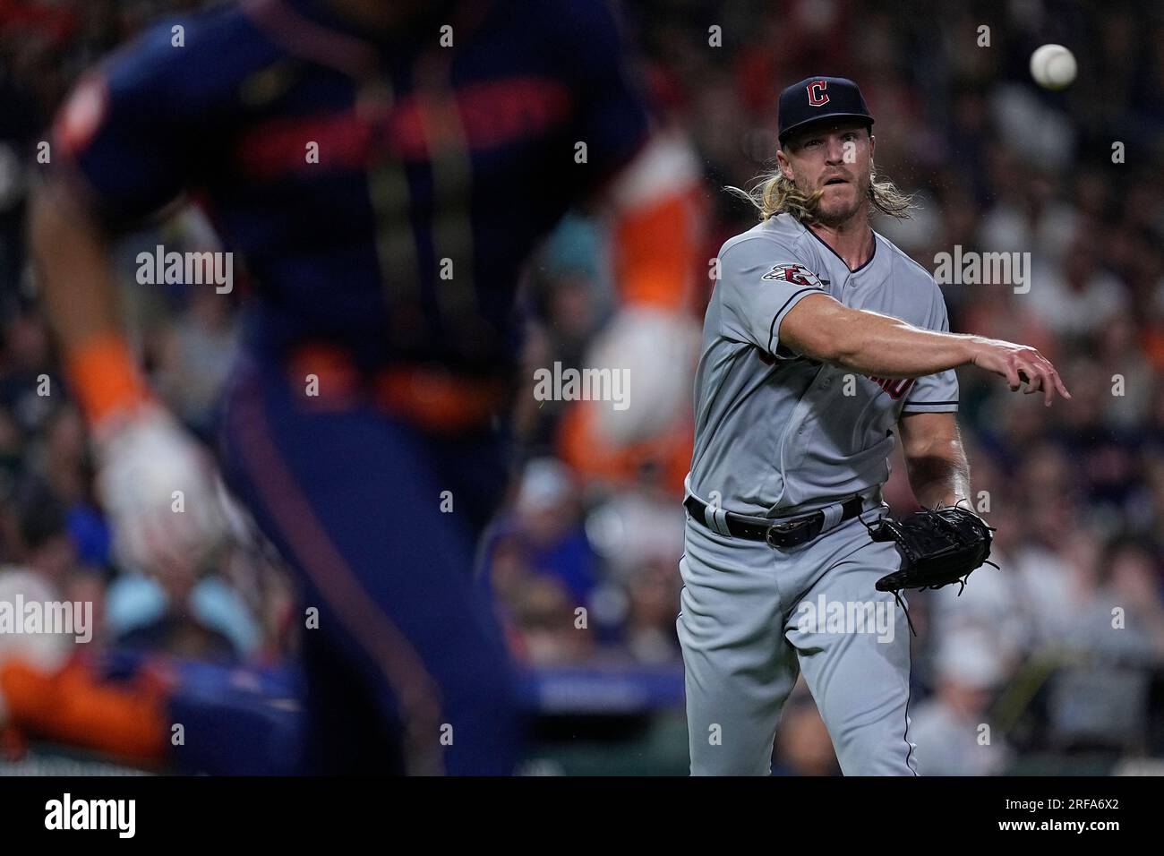 Cleveland Guardians starting pitcher Noah Syndergaard throws out ...