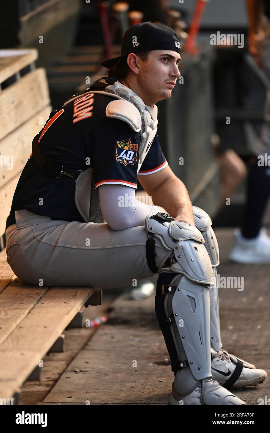 Catcher Tyler Soderstrom (21) of the Las Vegas Aviators in the dugout ...