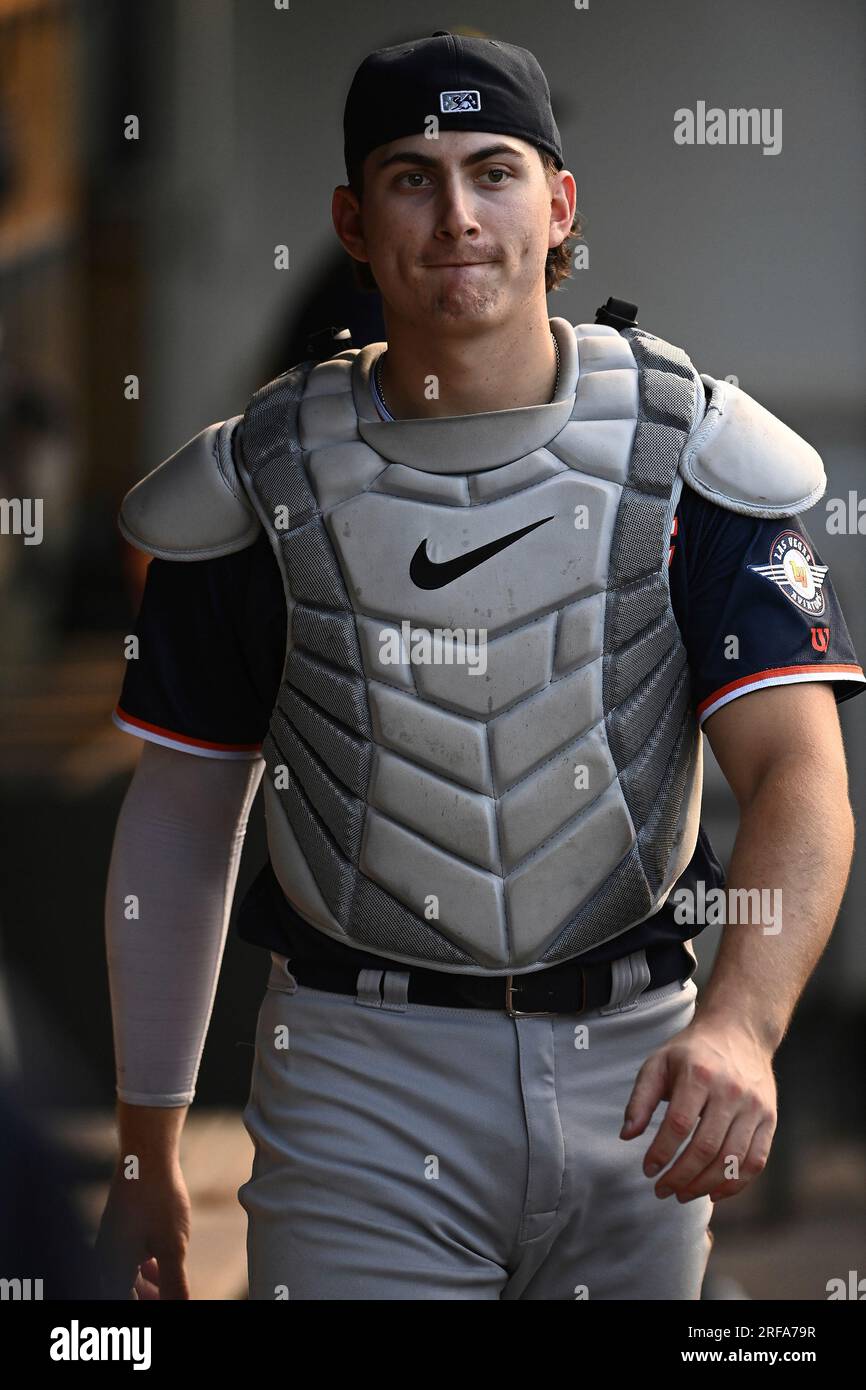 Catcher Tyler Soderstrom (21) of the Las Vegas Aviators in the dugout ...