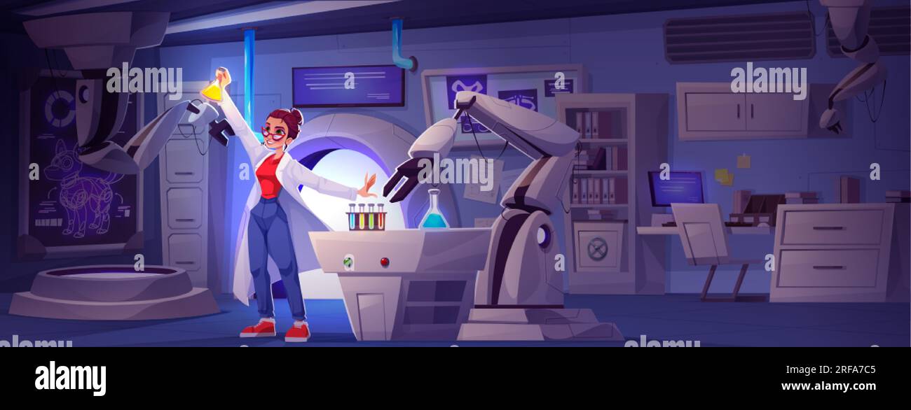 Woman near laboratory robot do medical research. Happy scientist in lab ...