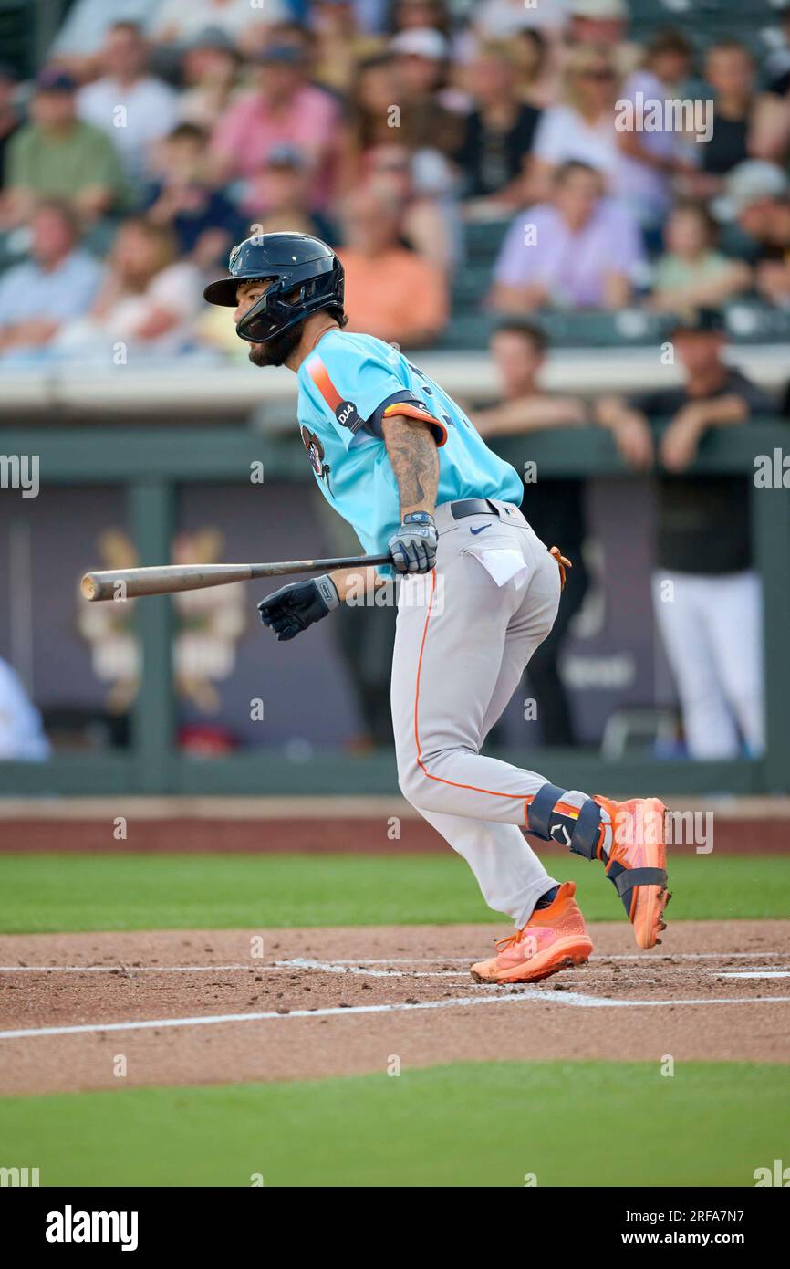 Joe Perez (31) of the Sugar Land Space Cowboys at bat against the Salt ...