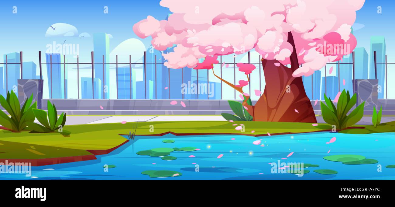 Sakura tree near pond in city park garden with fence vector background ...