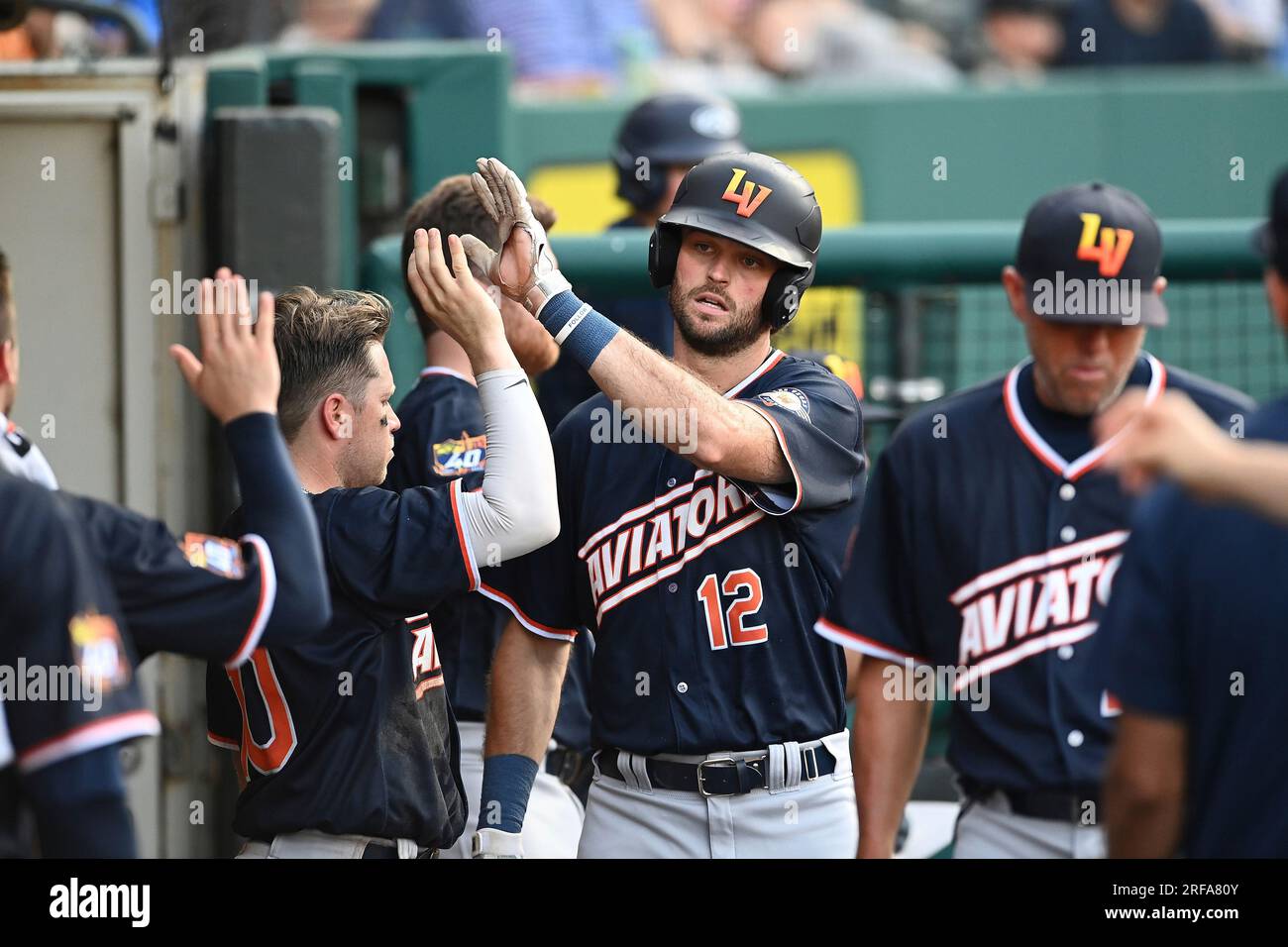 Cody Thomas (12) of the Las Vegas Aviators celebrates after hitting a ...
