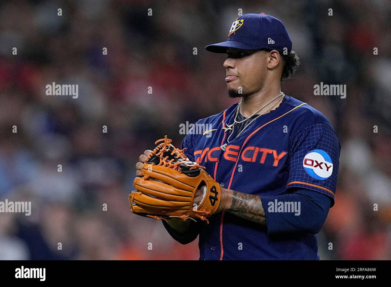 Houston Astros relief pitcher Bryan Abreu celebrates after striking out ...