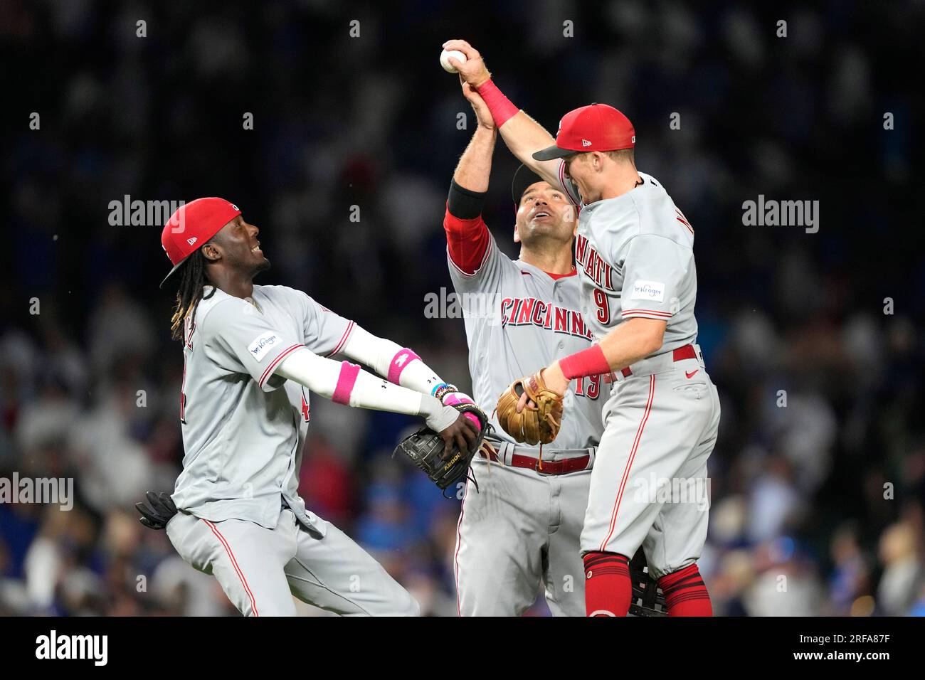 Cincinnati Reds' Elly De La Cruz, left, Joey Votto, center, and Matt ...