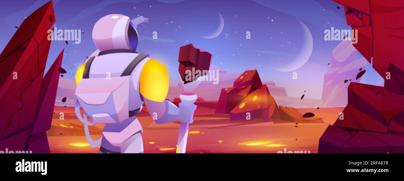 Cartoon astronaut standing on alien planet. Vector cartoon illustration ...