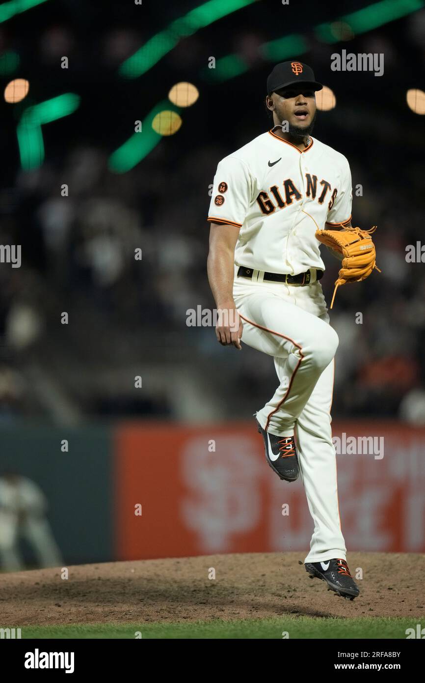 San Francisco Giants pitcher Camilo Doval reacts after striking out the third consecutive ...