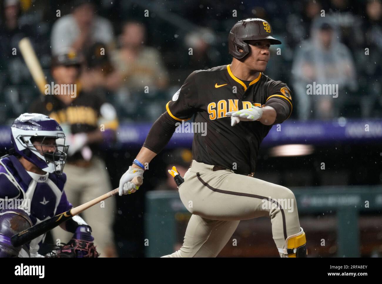 San Diego Padres' Juan Soto follows the flight of his single against ...