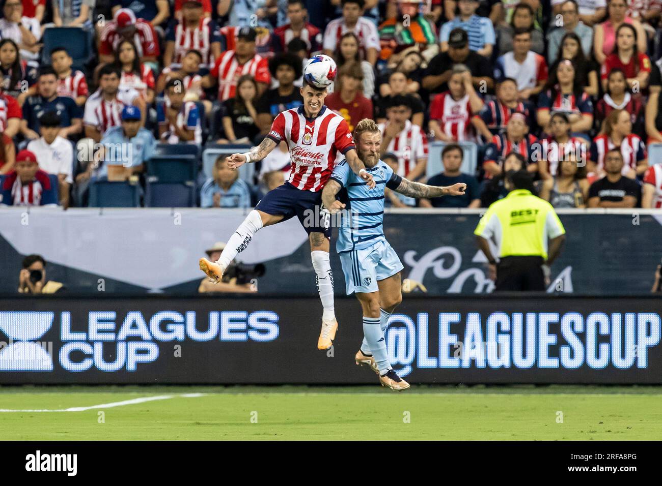 KANSAS CITY, KS - JULY 31: Chivas defender Cristian Calderón (26) heads ...