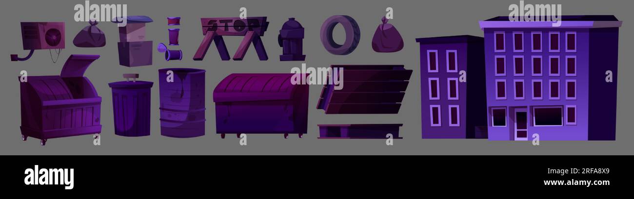 Night back alley city street cartoon vector set. Dark empty quiet ...