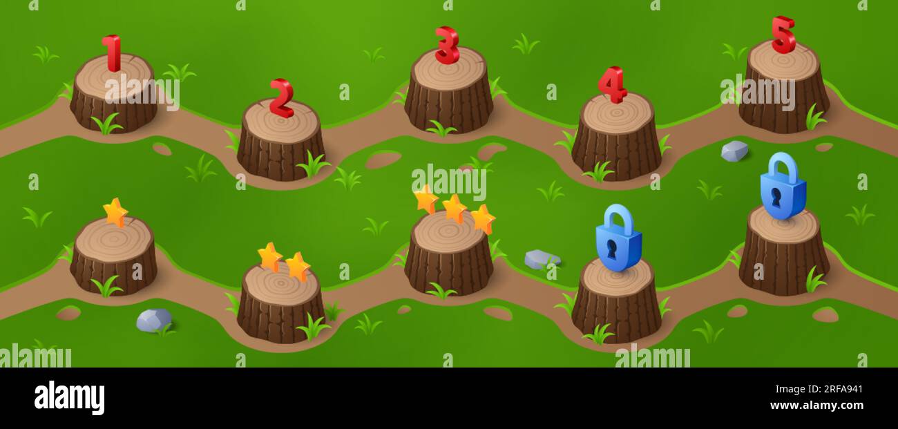 Game level indicator to select on map ui interface cartoon design. Isometric forest with wooden ...