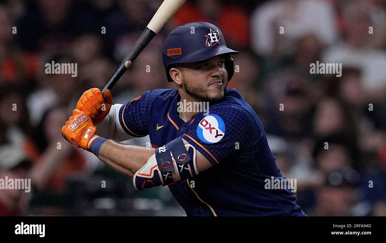 Houston Astros' Yainer Diaz bats during the fifth inning of a baseball ...