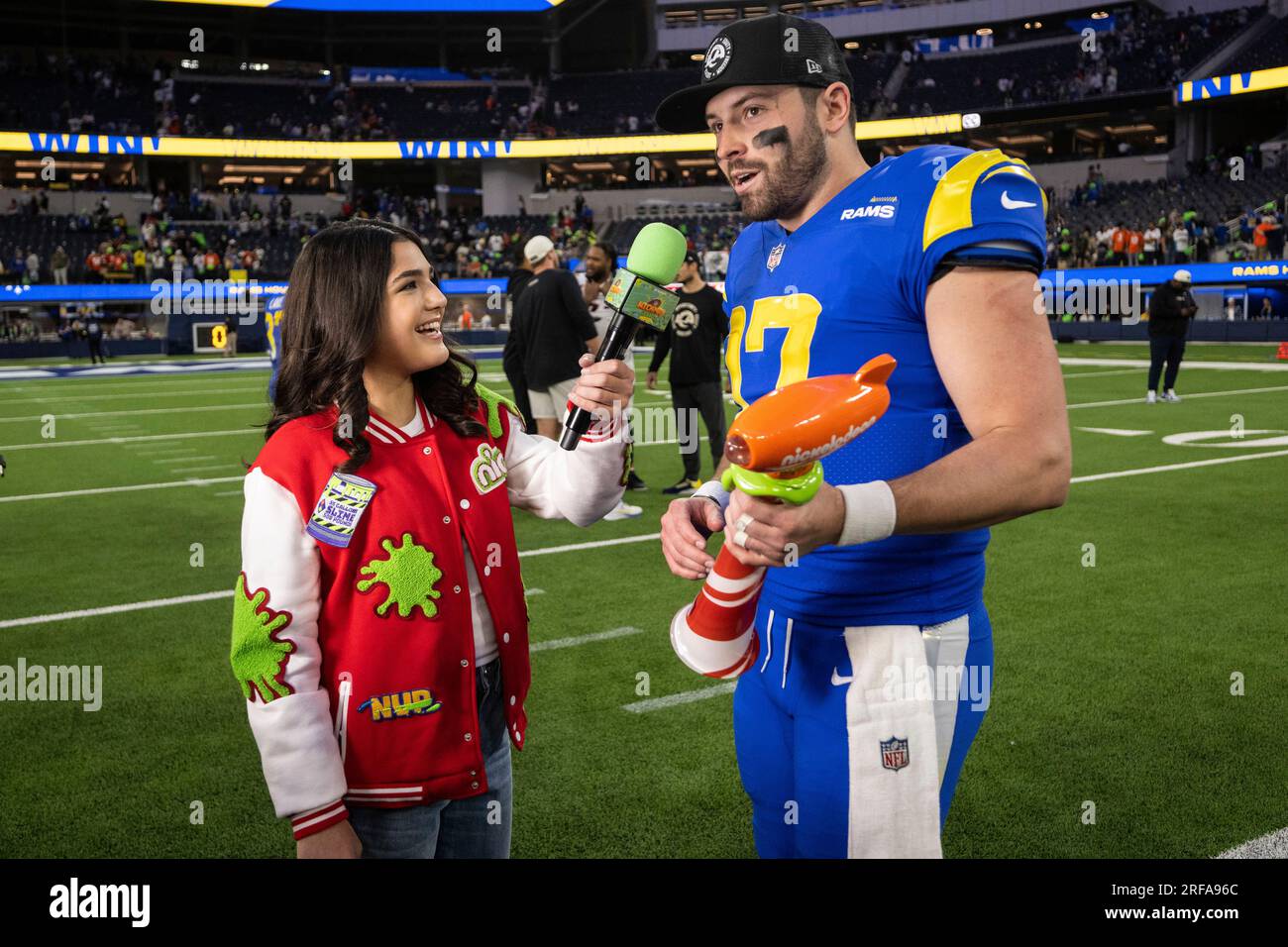 FILE - Los Angeles Rams quarterback Baker Mayfield (17) interviews ...