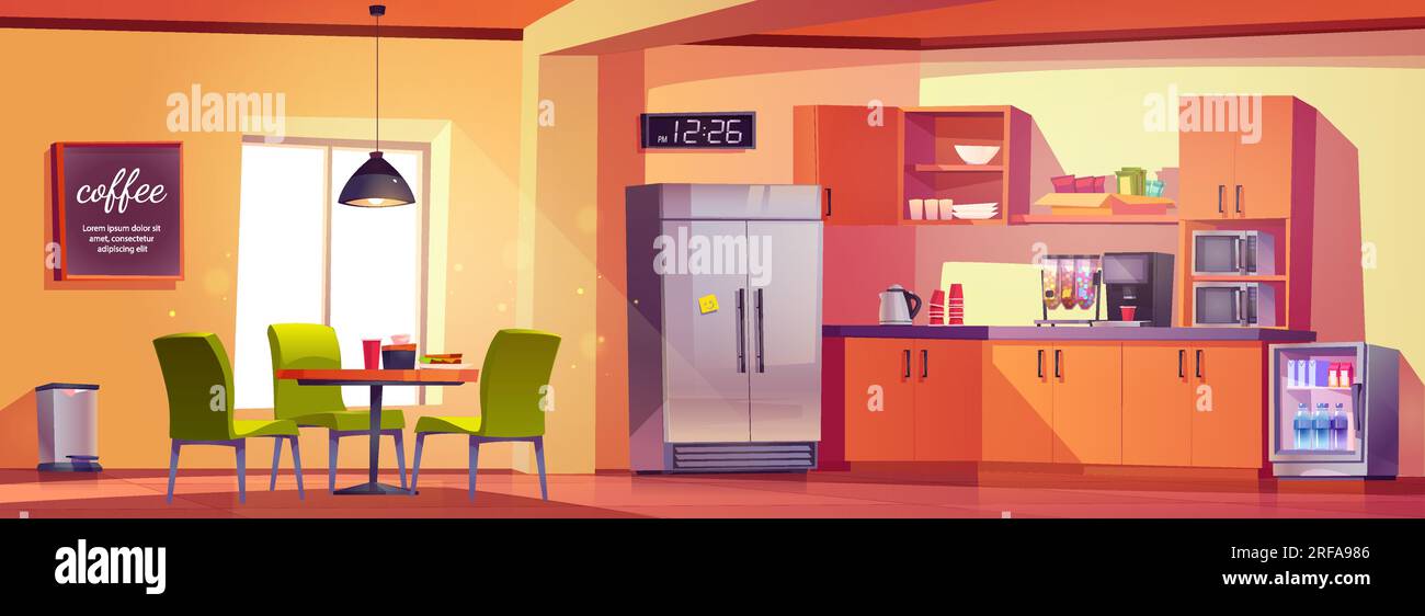 Office kitchen and break room interior vector background with table ...