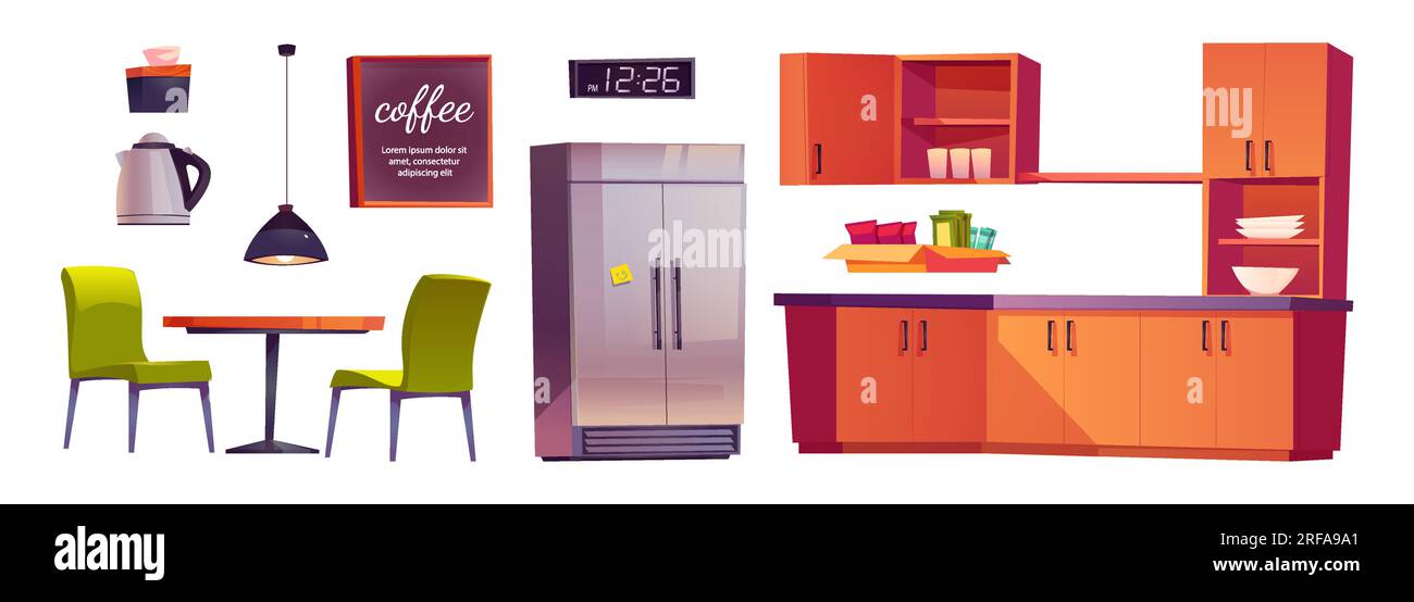 Cartoon set of office kitchen furniture isolated on white background ...