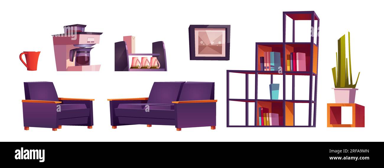 Work office breakout zone design vector cartoon set. Break room with ...