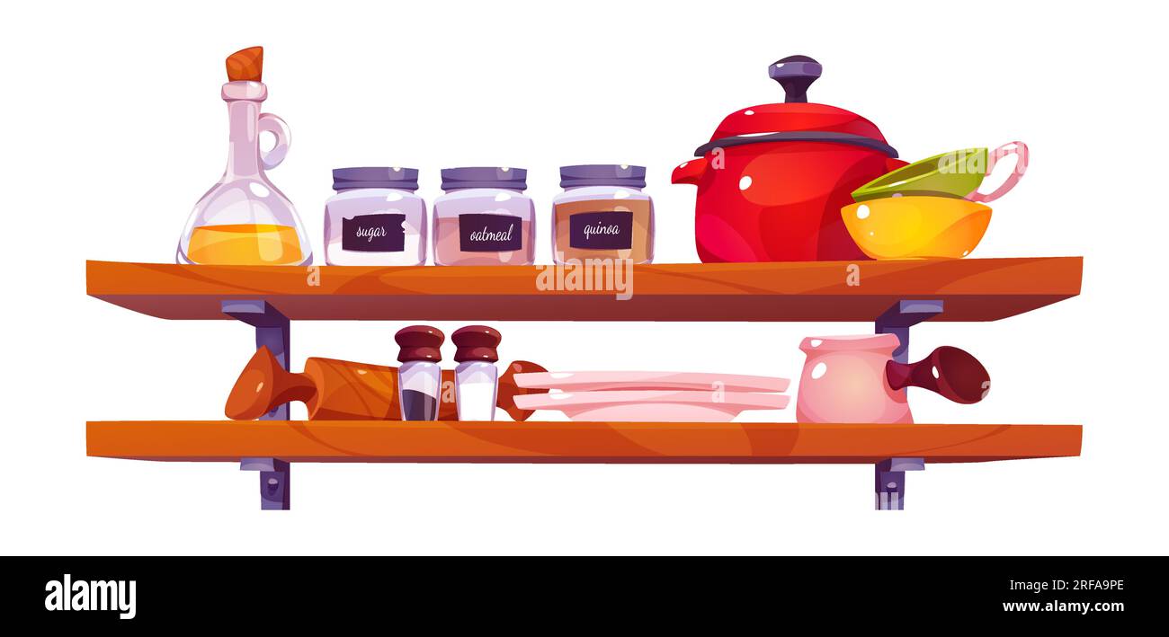 Kitchen shelf on wall with utensils and seasoning jars. Vector cartoon ...
