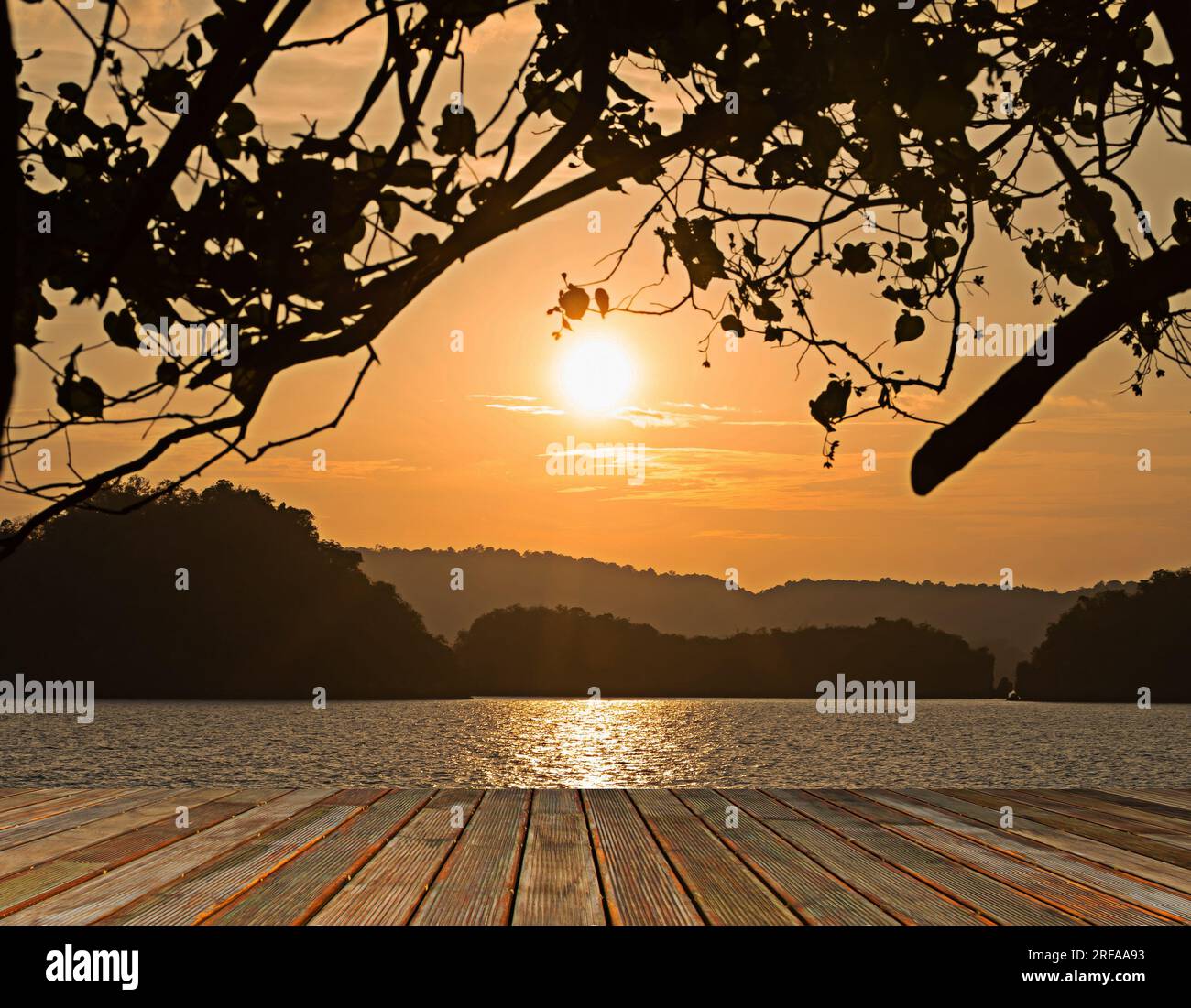 Beautiful wooden floor and background, sea water and sky.Sunset view ...
