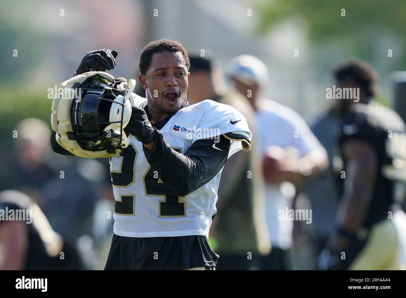 New Orleans Saints safety Johnathan Abram (24) reacts after stretches ...