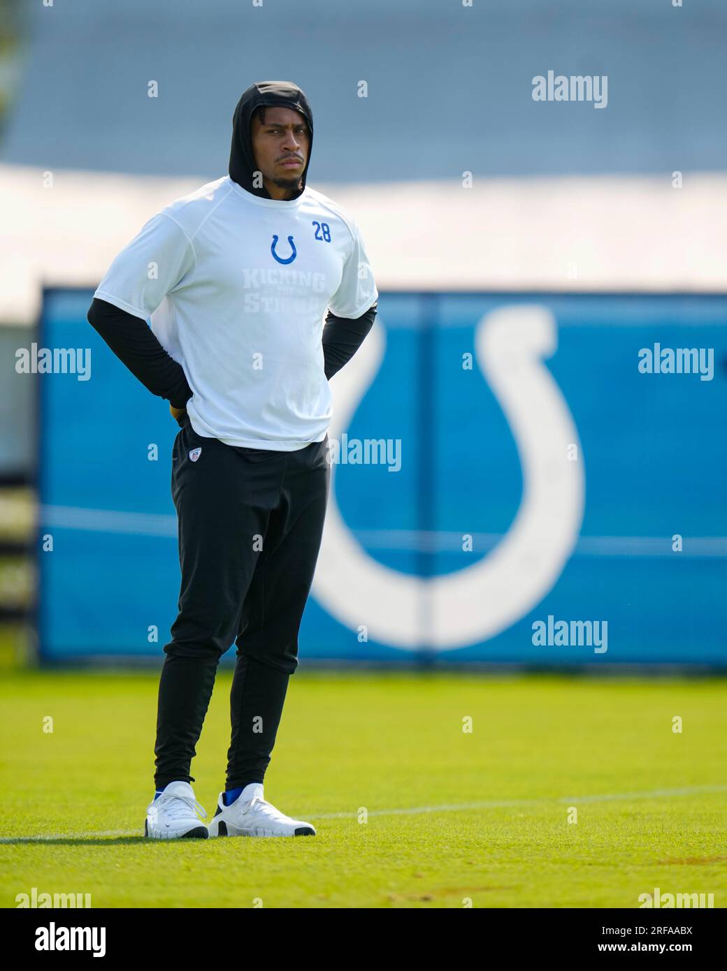 Indianapolis Colts running back Jonathan Taylor watches practice at the NFL team's football ...
