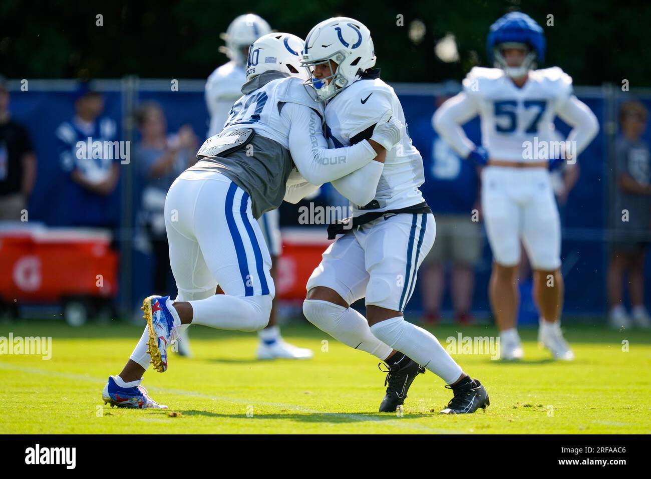Indianapolis Colts safety Nick Cross, left, tries to hold off safety ...