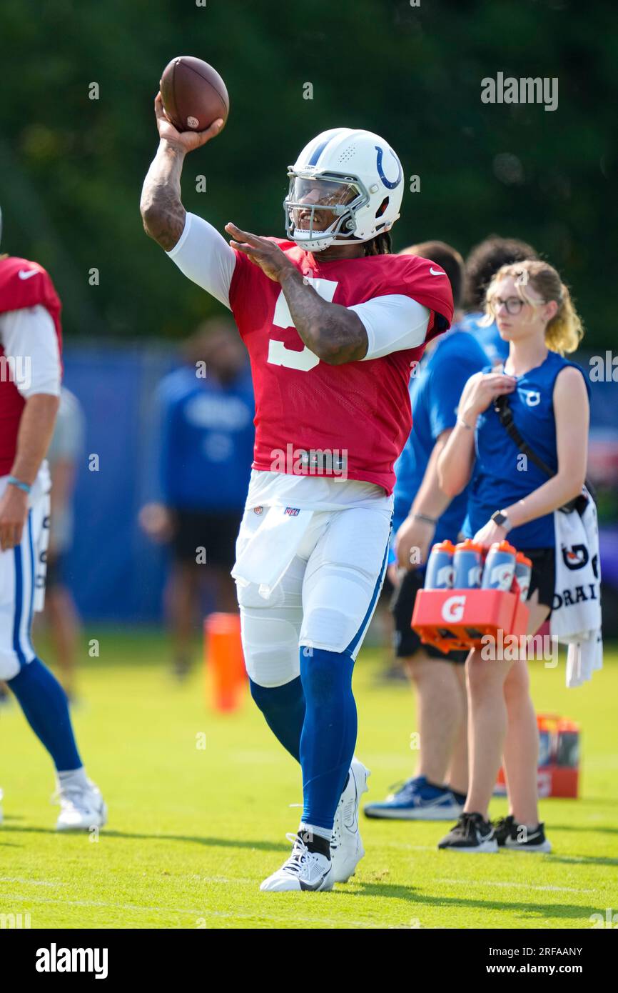 Indianapolis Colts quarterback Anthony Richardson throws during practice at the NFL team's ...