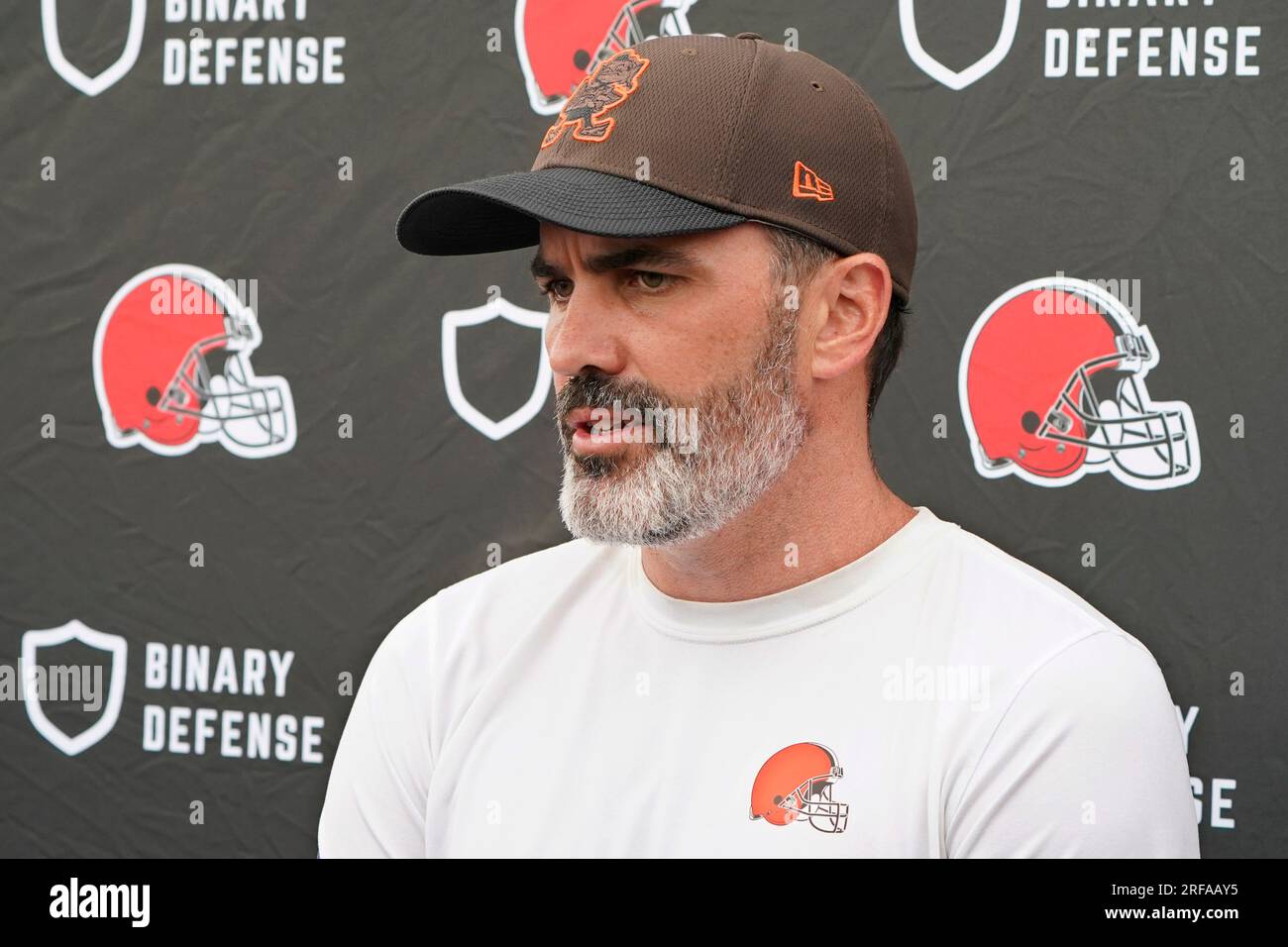 Cleveland Browns head coach Kevin Stefanski answers a question during a ...