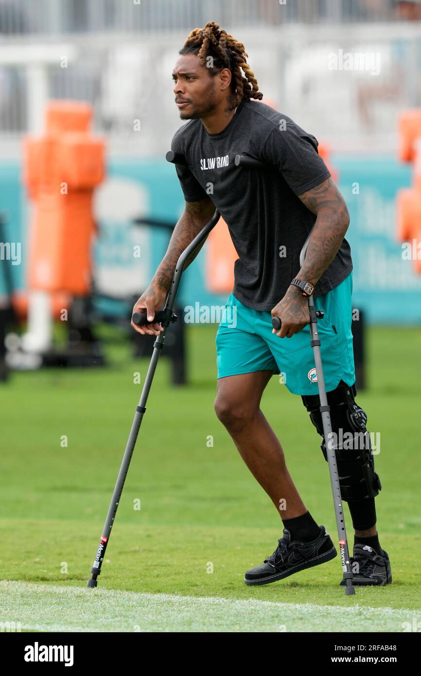 Miami Dolphins cornerback Jalen Ramsey walks on crutches during ...