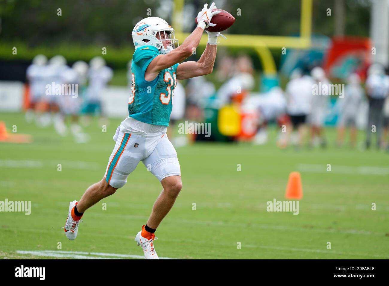 Miami Dolphins cornerback Ethan Bonner (38) runs drills during practice ...